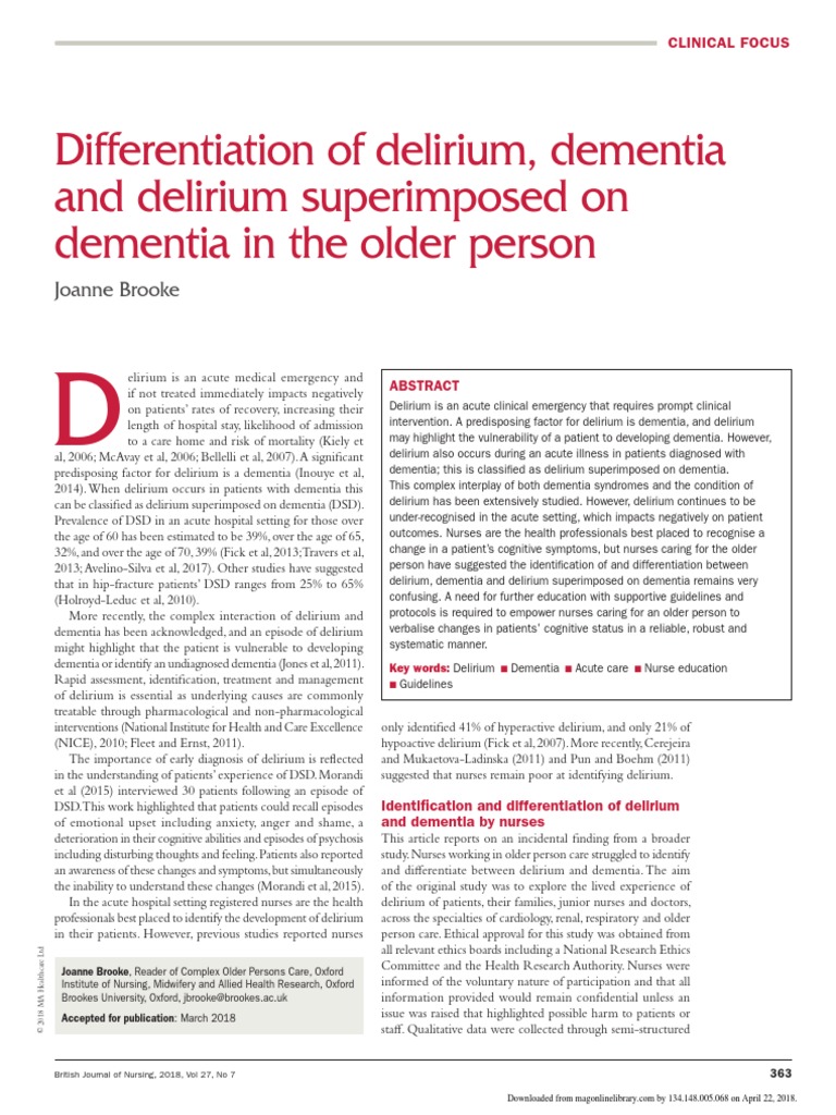 Differentiation of Delirium, Dementia and Delirium Superimposed On ...