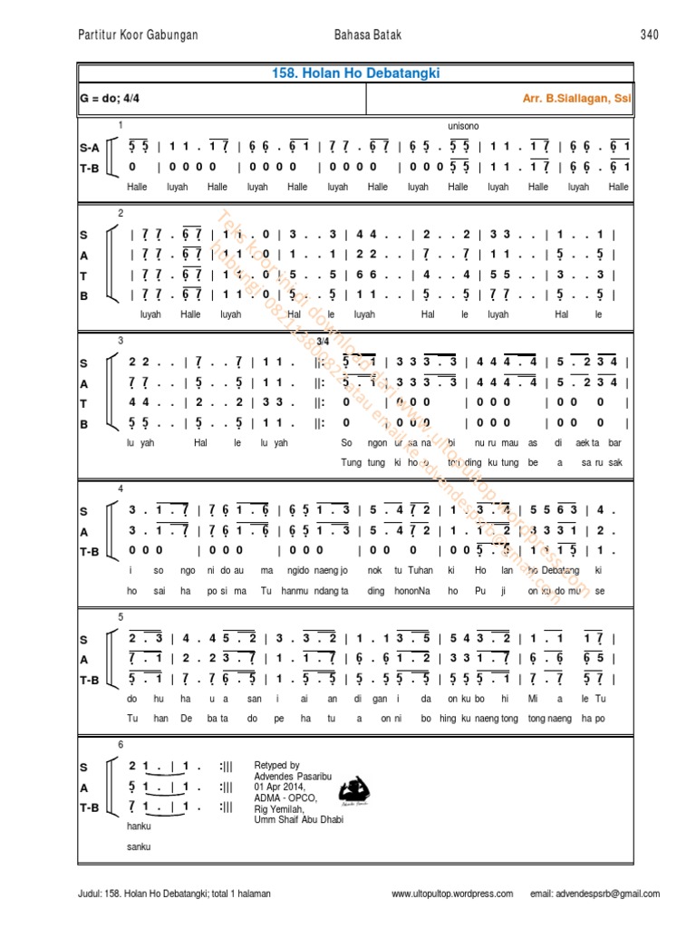 Holan Ho Debatangki: Partitur Koor Gabungan Bahasa Batak 340 | PDF