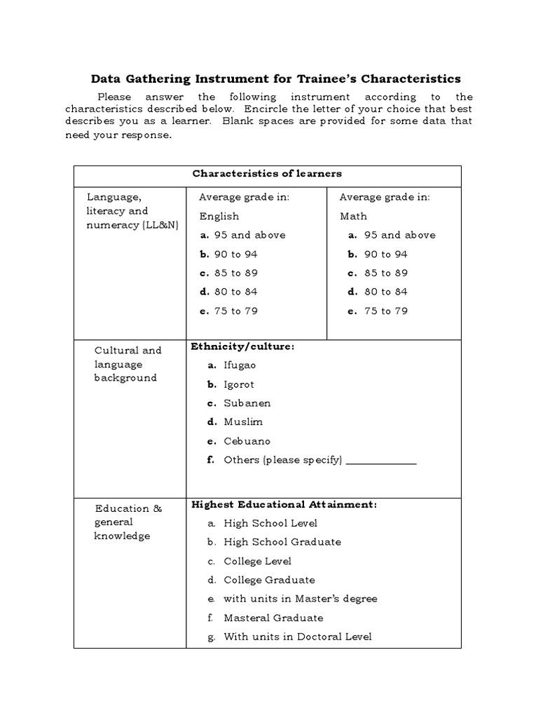 Data Gathering Instrument For Trainee's Characteristics | PDF ...