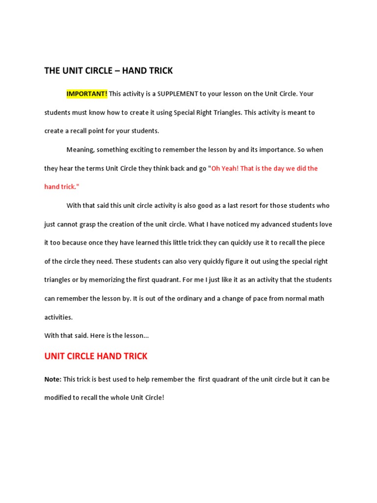 The Unit Circle Using Hands | PDF | Trigonometric Functions | Sine
