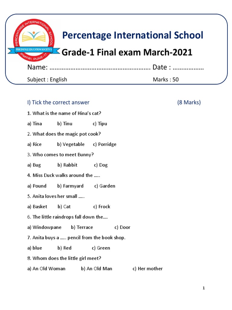 Percentage International School: Grade-1 Final Exam March-2021 | PDF