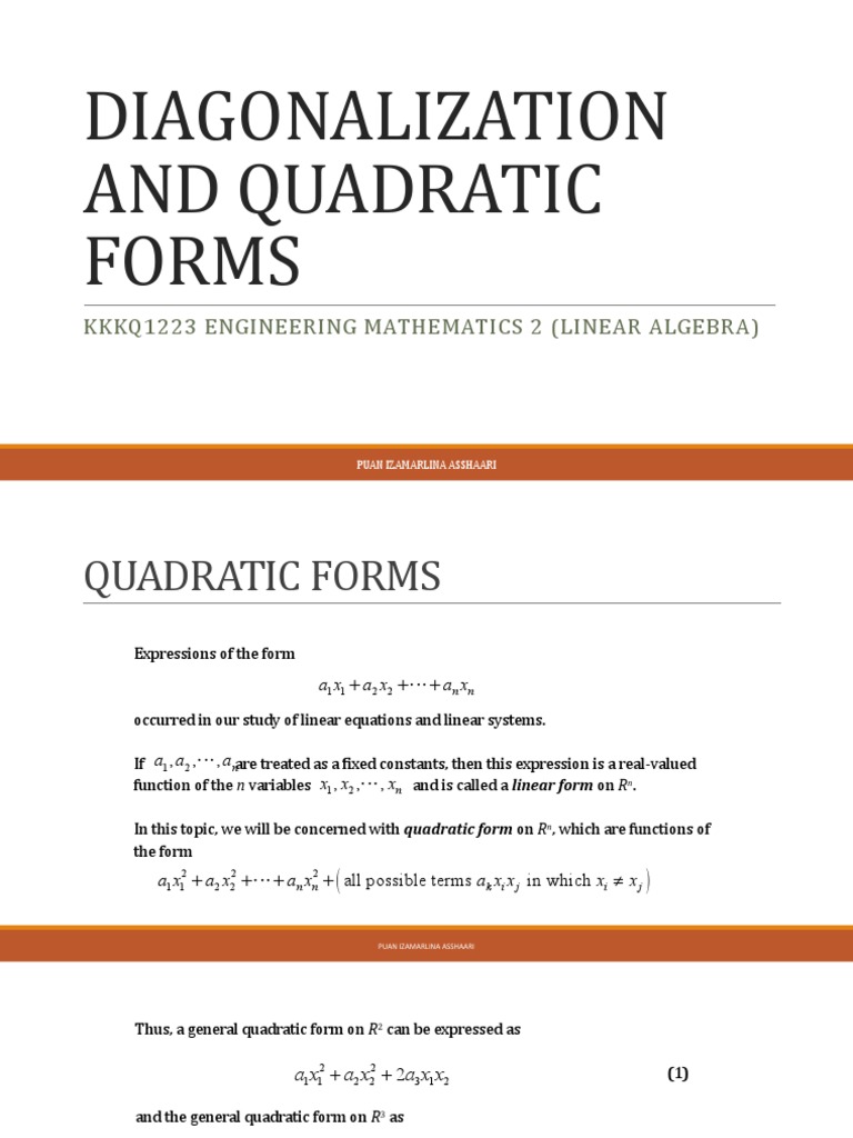 Diagonalization and Quadratic Forms: Kkkq1223 Engineering Mathematics 2 (Linear Algebra) | PDF ...