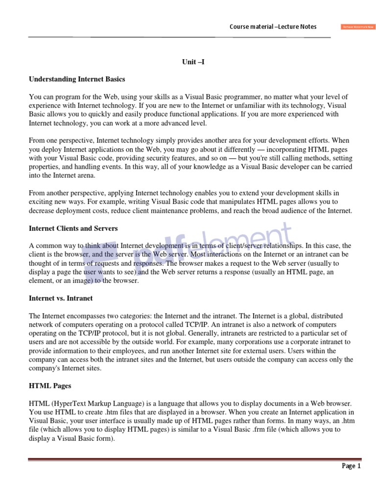 Unit - I Understanding Internet Basics: Course Material - Lecture Notes ...