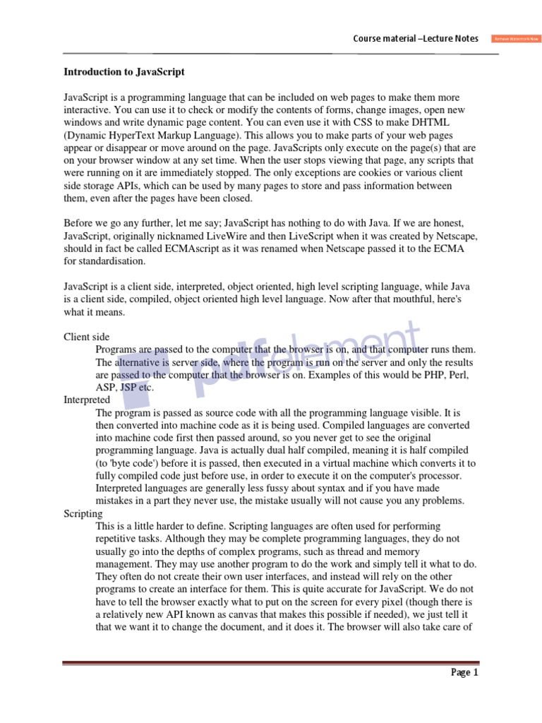 Introduction To Javascript: Course Material - Lecture Notes | PDF ...