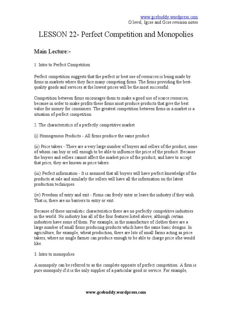 LESSON 22-Perfect Competition and Monopolies: Main Lecture | PDF ...
