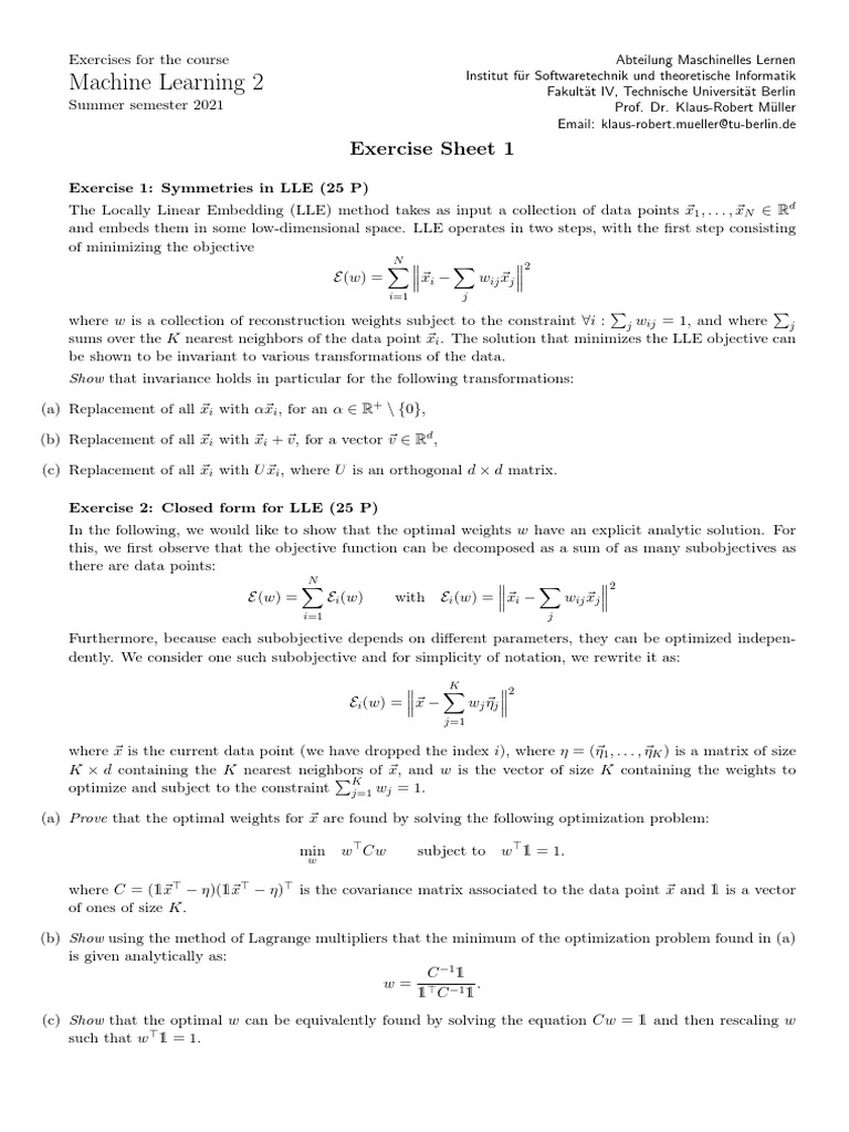 Machine Learning 2: Exercise Sheet 1 | PDF | Mathematical Optimization | Gradient