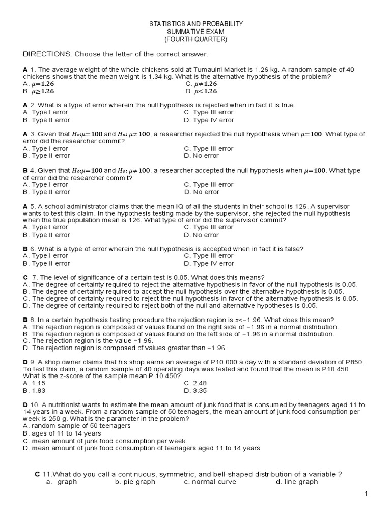 q4 Statistics and Probability Summative Final | PDF | Type I And Type ...