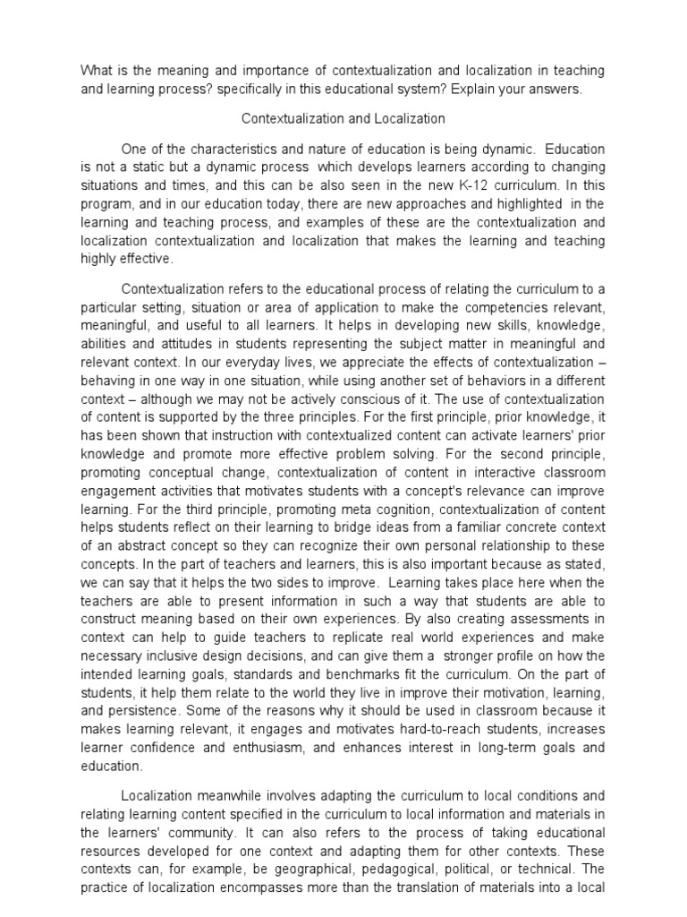 Contextualization And Localization Pdf Learning Teachers