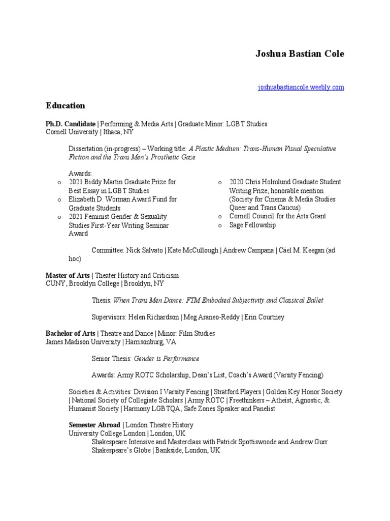 Cole - CV 6.2021 | PDF | Public Speaking | Transgender