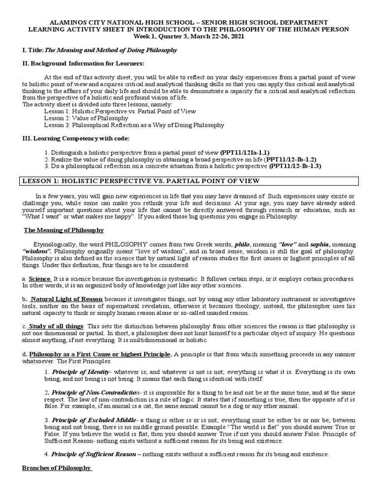 Philo Activity Sheet WK1Q1 2 | PDF | Reason | Idea