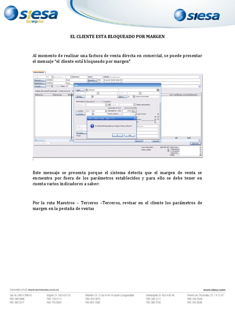 Error El Cliente Está Bloqueado Por Margen Siesa Enterprise | PDF