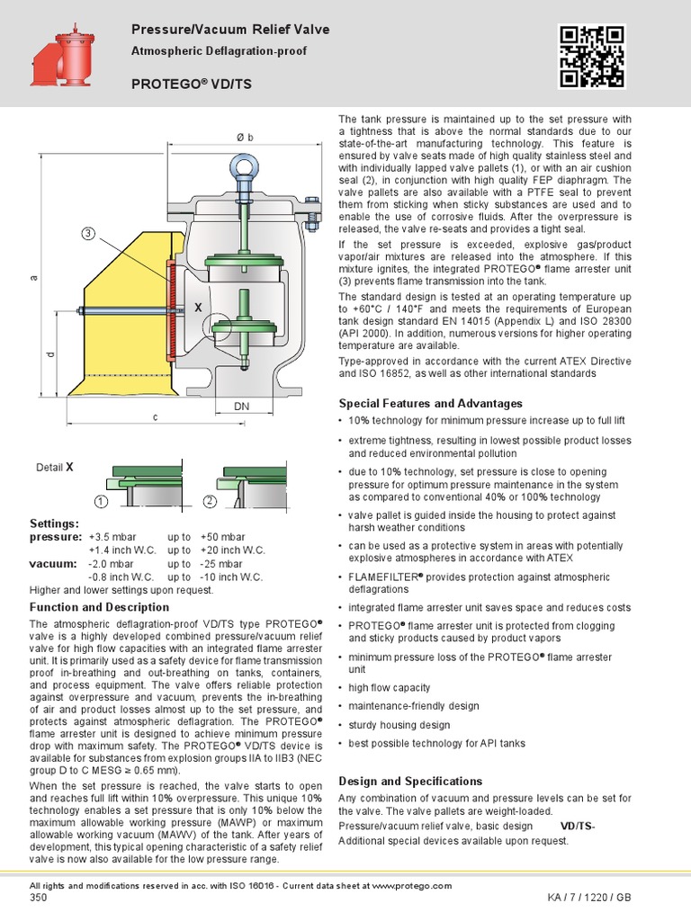 Pressure/Vacuum Relief Valve Protego VD/TS: Atmospheric Deflagration-Proof | PDF | Vacuum | Valve