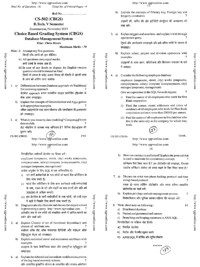 DBMS Exam Questions Oct/Nov 2017 | PDF | Relational Database | Databases