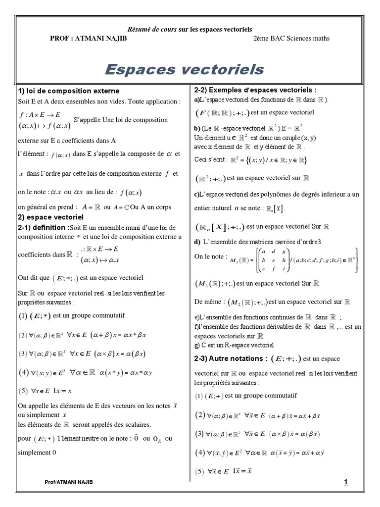 Espaces Vectoriels Resume de Cours 1 2 | PDF | Espace vectoriel | Base ...
