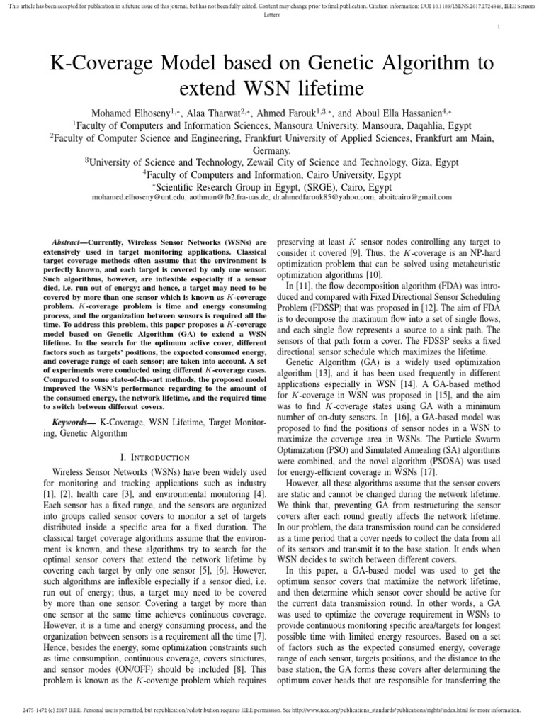 K Coverage Model Based On Genetic Algorithm To Extend Wsn Lifetime Download Free Pdf