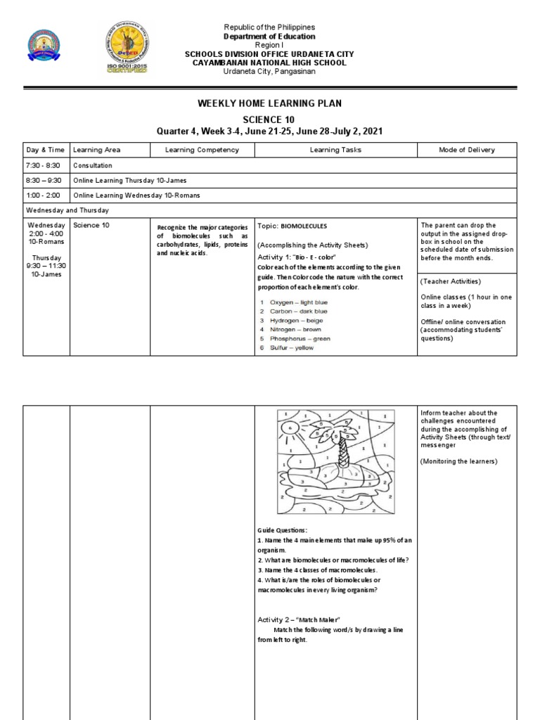 Weekly Home Learning Plan Science 10 Quarter 4, Week 3-4, June 21-25 ...