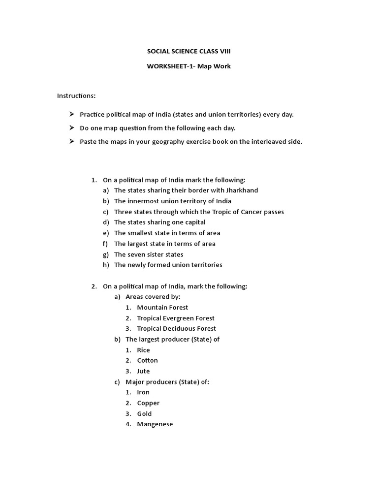 Social Science Class Viii WORKSHEET-1-Map Work | PDF | East India ...
