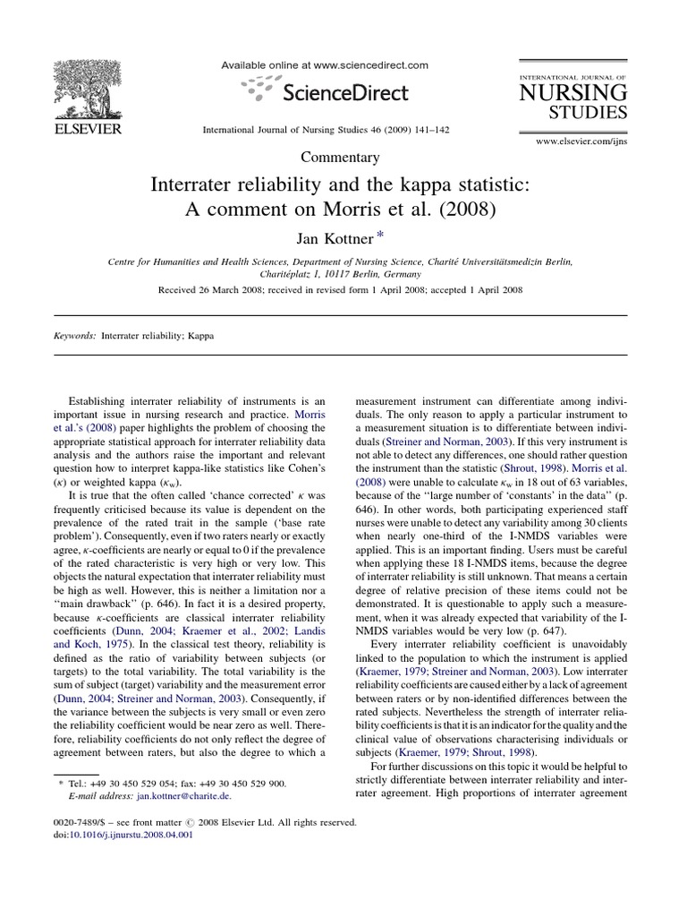 Interrater Reliability and The Kappa Statistic: A Comment On Morris Et Al. (2008) | PDF ...