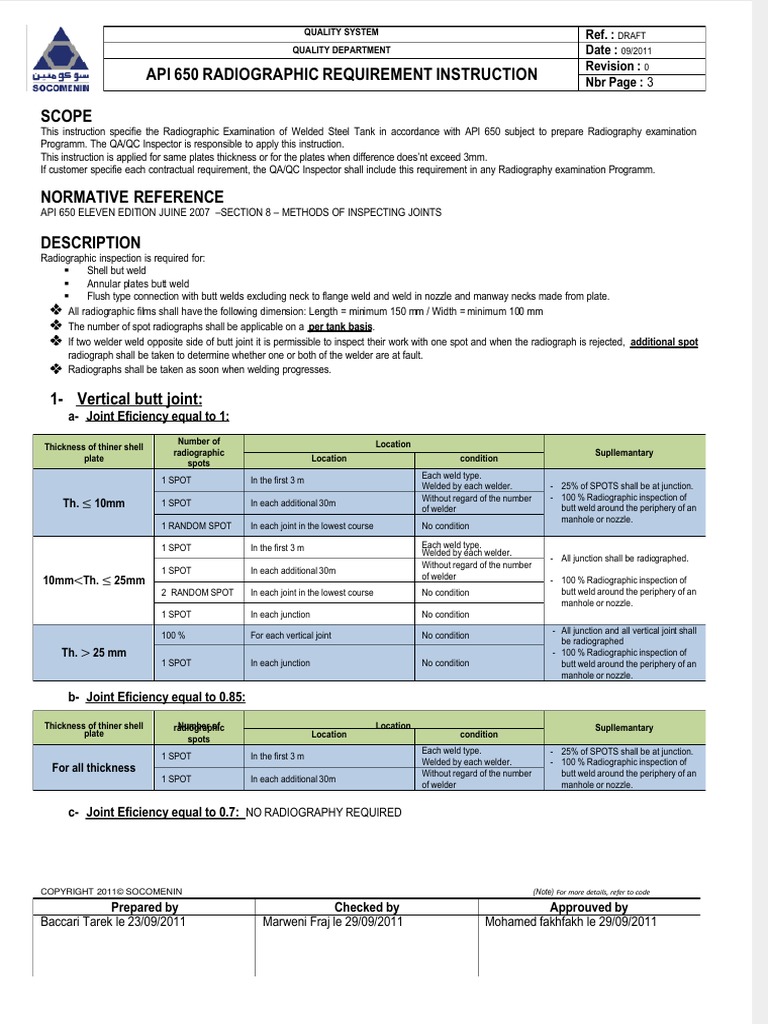 Api 650 Radiographic Requirement Instruction Scope: Th. 10mm | PDF ...