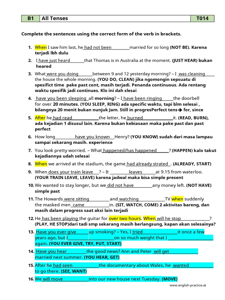 B1 All Tenses T014: Complete The Sentences Using The Correct Form of ...