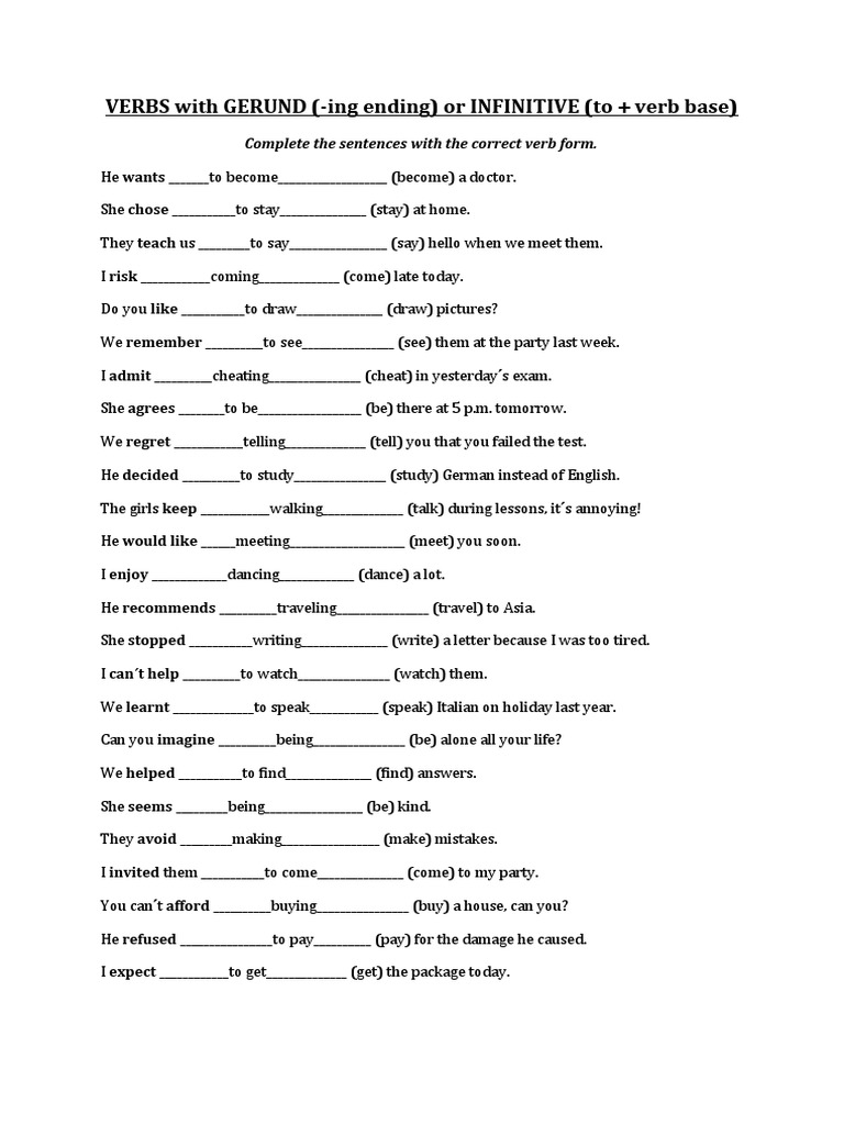 Gerund + To Infinitive - Homework | PDF