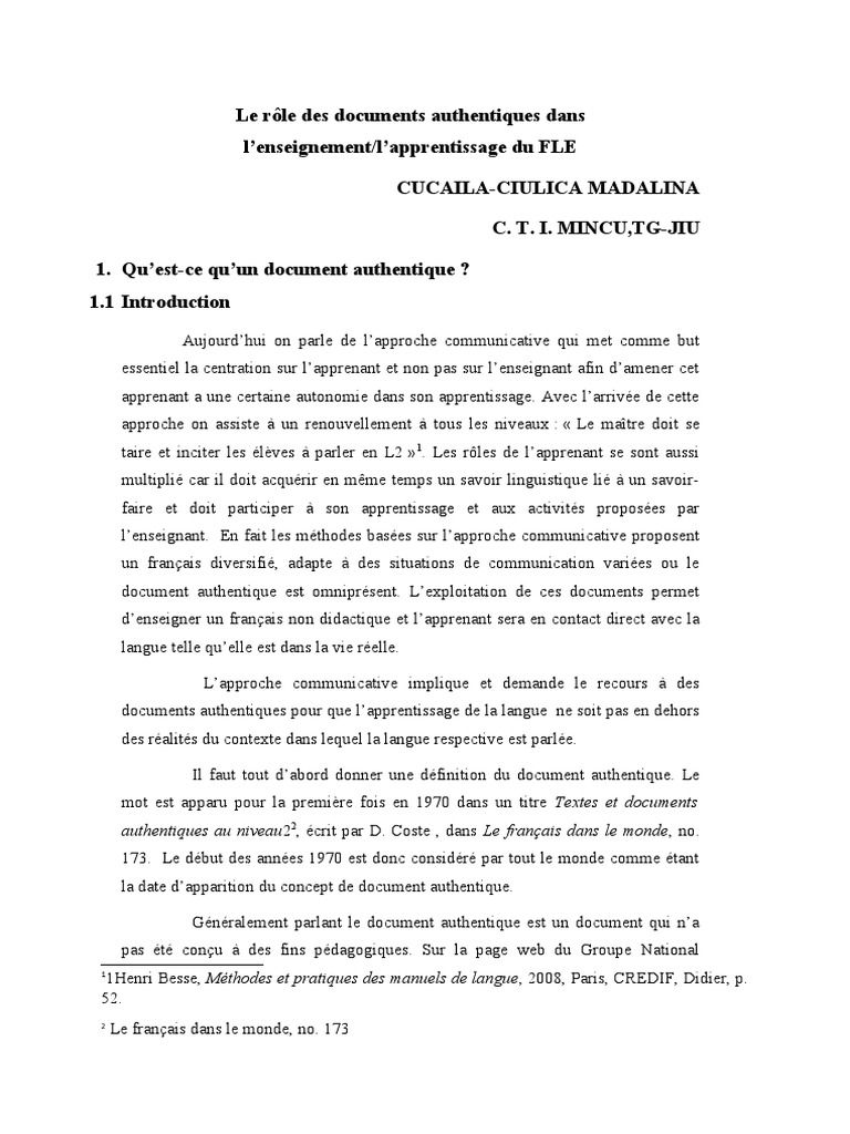 Rôle des documents authentiques en FLE | PDF | Langue française | Pédagogie