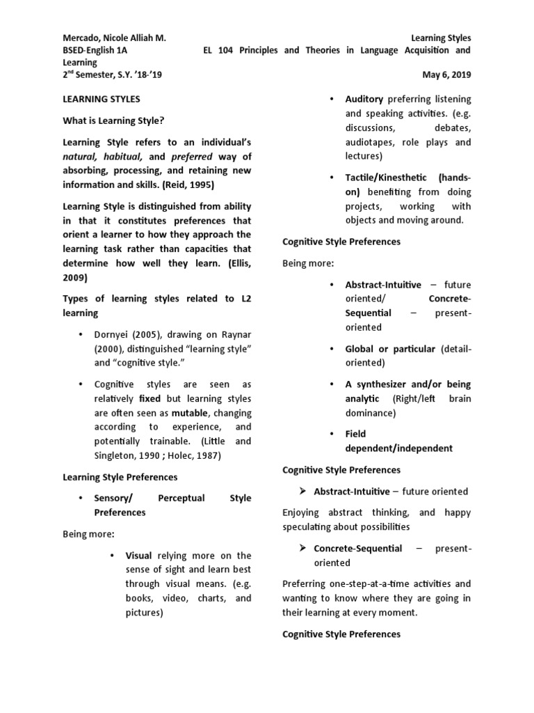Natural, Habitual, and Preferred Way of | PDF | Learning Styles ...
