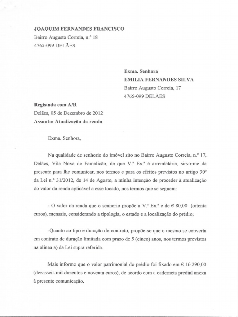 Cartas Senhorio, Arrendatário - NRAU | PDF