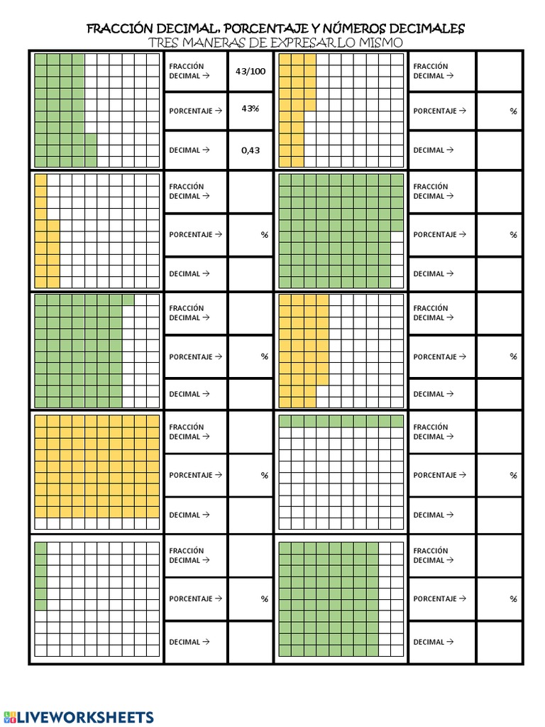 Hoja De Trabajo De Porcentajes, Decimales Y Fracciones Hoja De Trucos