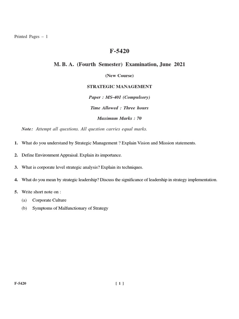 M. B. A. (Fourth Semester) Examination, June 2021: (New Course ...