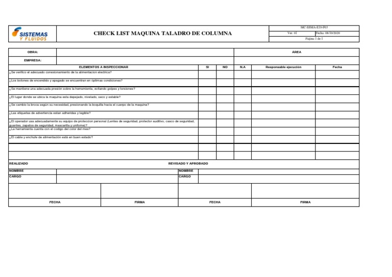 Mc-Ssma-E19-F02 - Check List Taladro de Columna | PDF