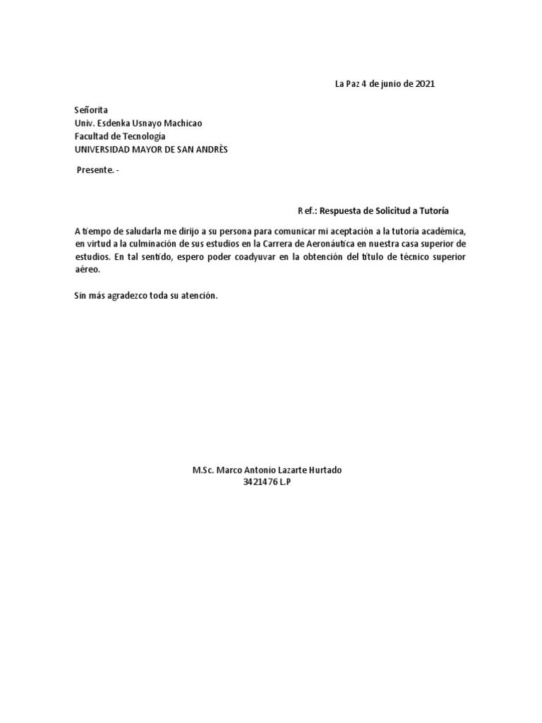 Carta de Respuesta A Solicitud de Tutoria | PDF