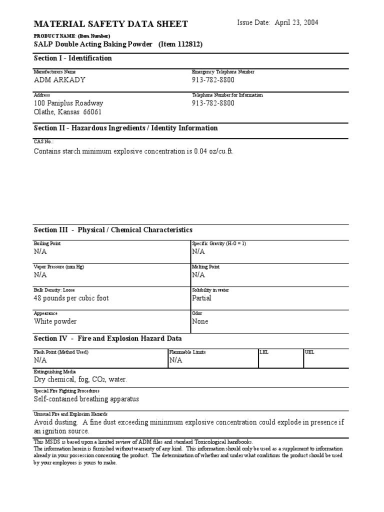Baking Powder Safety Data Sheet | PDF | Personal Protective Equipment ...
