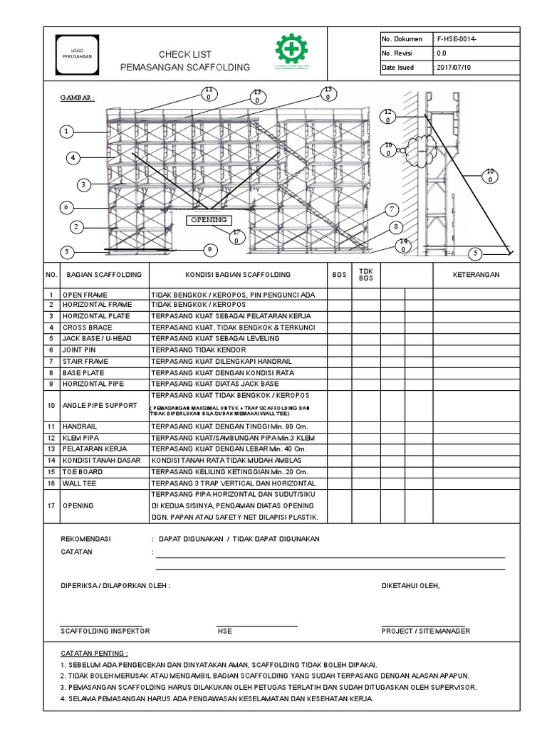 Form Checklist Inspeksi Pemasangan Scaffolding | PDF