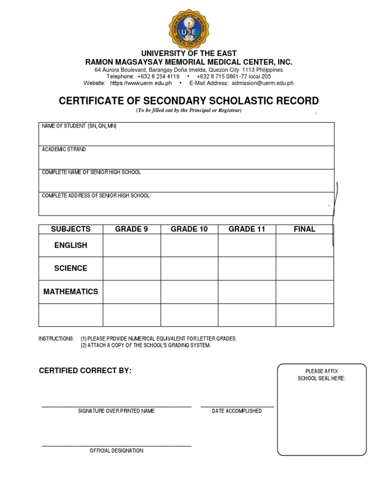 Uerm - Certificate of Secondary Scholastic Record | PDF