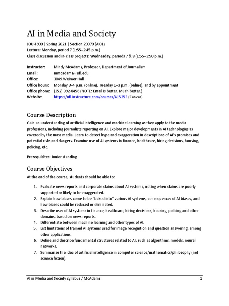 Jou4930 Artificial Intelligence Syllabus Spring 2021 Pdf Deep Learning Artificial Intelligence 