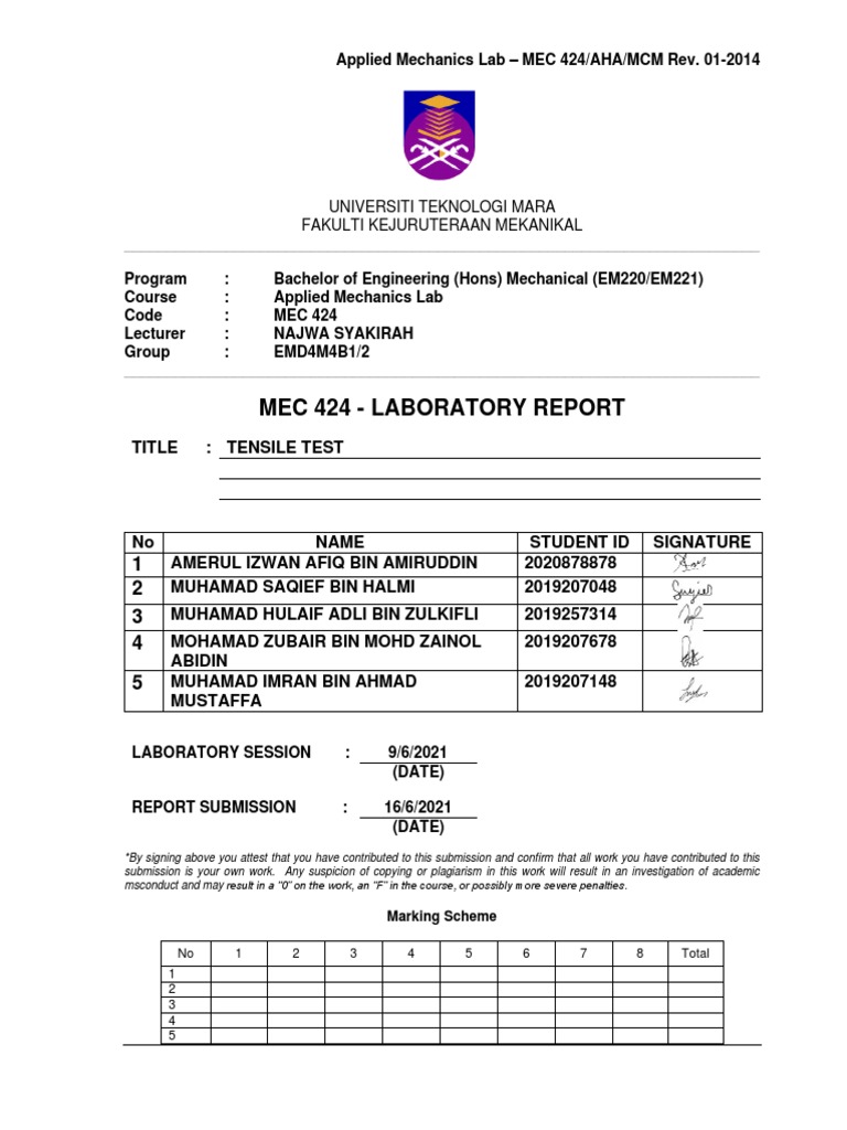Tensile Test Experiment Lab Report | PDF | Strength Of Materials ...