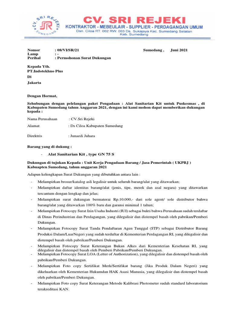 Permohonan Dukungan Sanitasi Kit CV Sri Rejeki | PDF