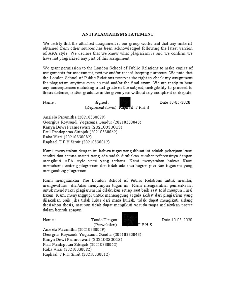 Anti Plagiarism Statement | PDF