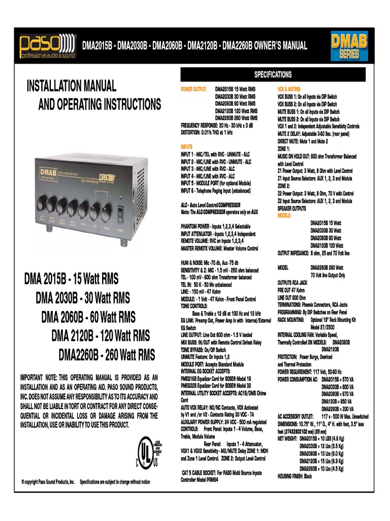 Installation Manual and Operating Instructions: DMA2015B - DMA2030B ...