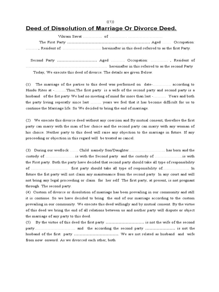 Deed of Dissolution of Marriage or Divorce Deed | PDF | Marriage | Wife