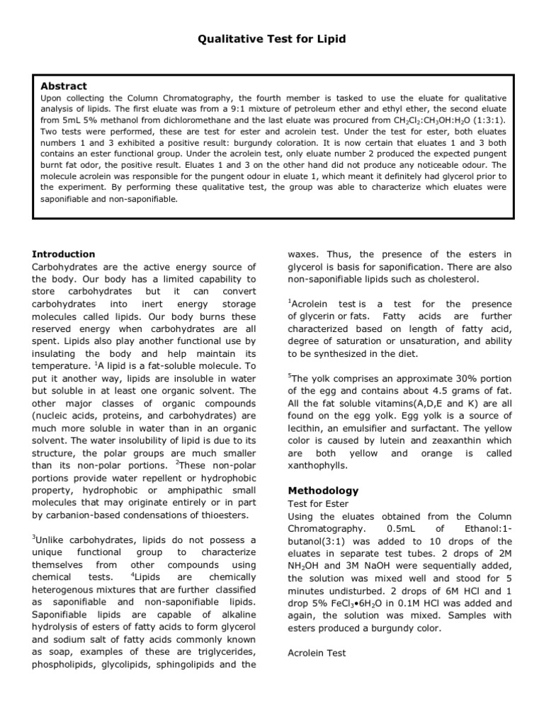 Acrolein Test and Ester Test For Lipids | PDF | Lipid | Ester