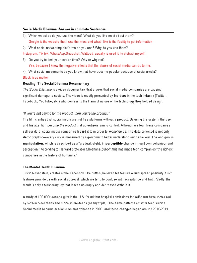 SOCIAL MEDIA DILEMMA Worksheet Done | Download Free PDF | Social Media ...
