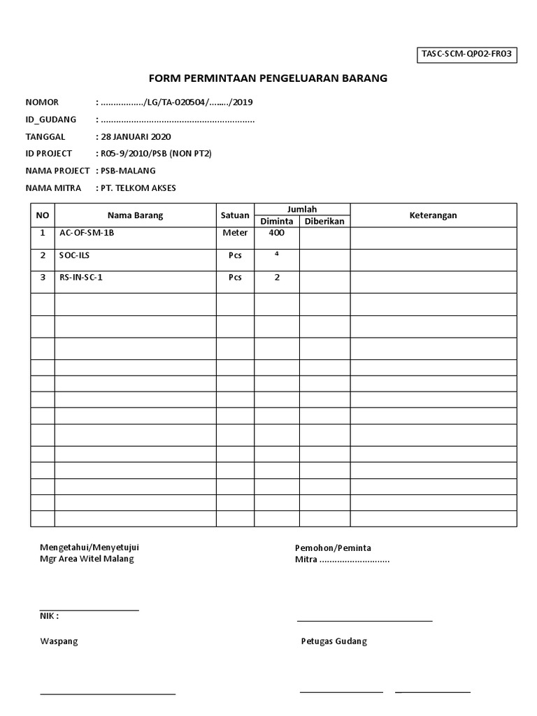 Form Permintaan Barang Proyek | PDF