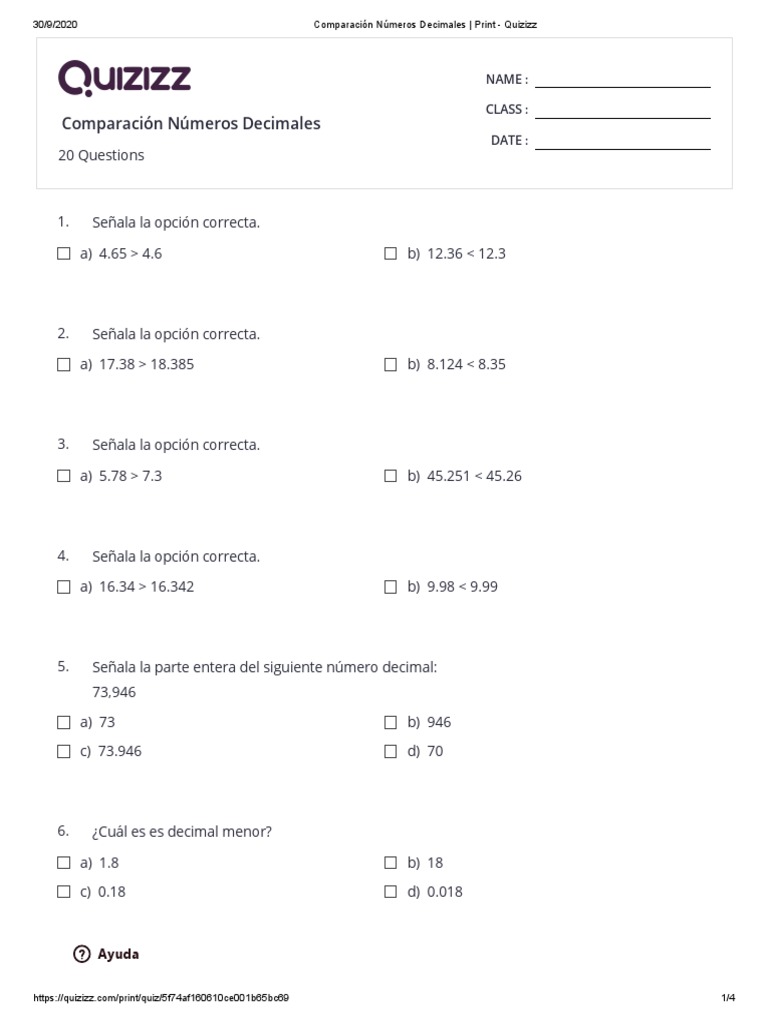 Comparación Números Decimales - Print - Quizizz | PDF | Ajedrez ...