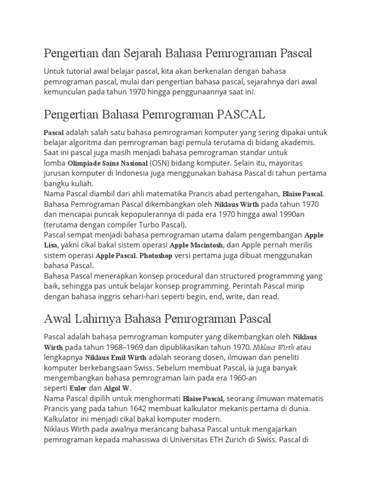 Pengertian Dan Sejarah Bahasa Pemrograman Pascal | PDF