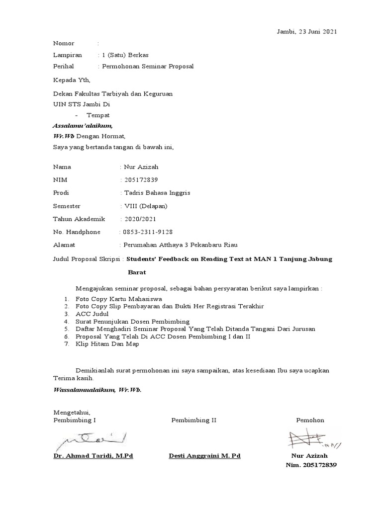 Surat Permohonan Sempro Nur Azizah-1 | PDF