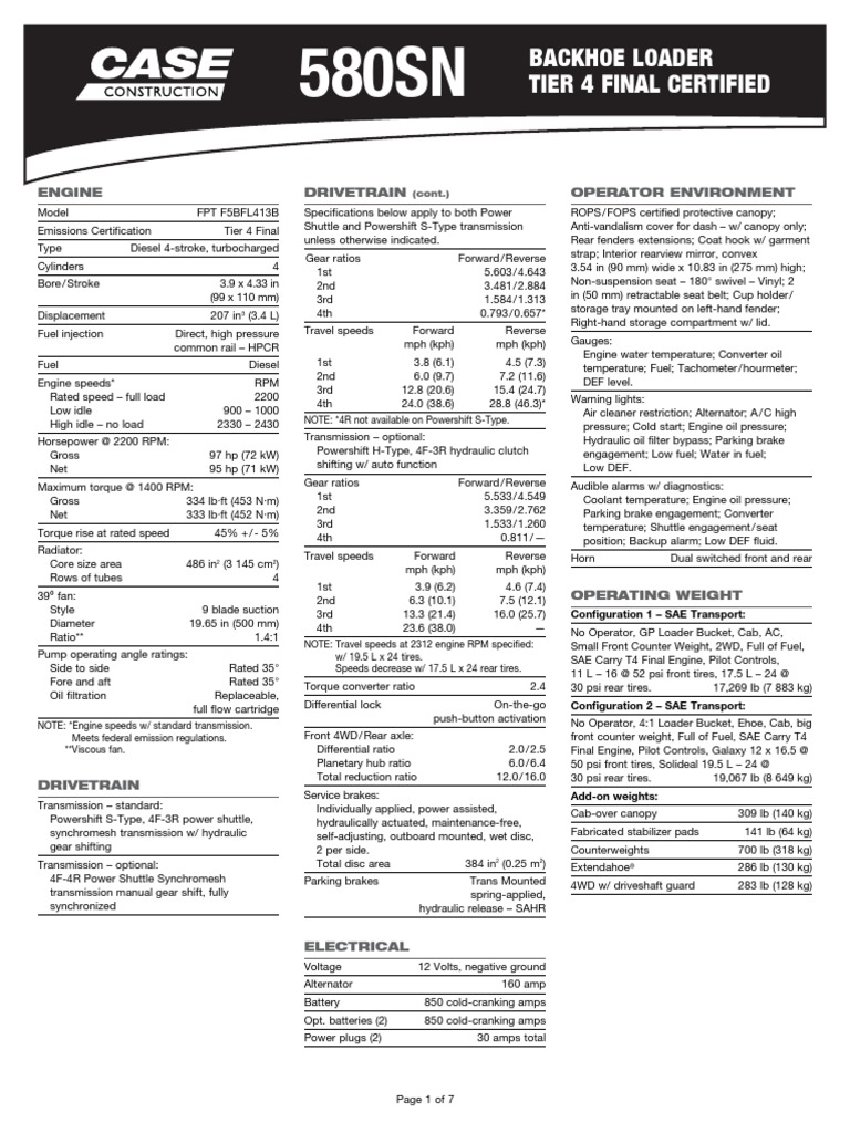 Case 580SN Specs | PDF | Horsepower | Loader (Equipment)