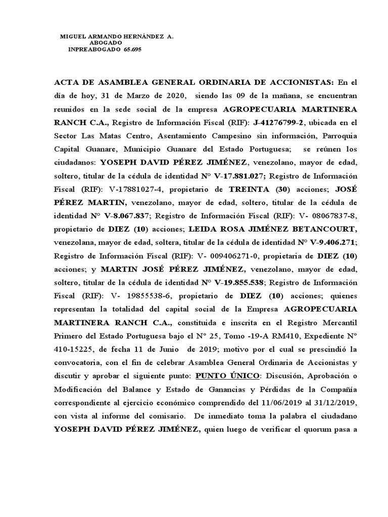 Acta de Asamblea Ordinaria AGROPECUARIA MARTINERA RANCH C.A. 10feb2021 | PDF | Gobierno
