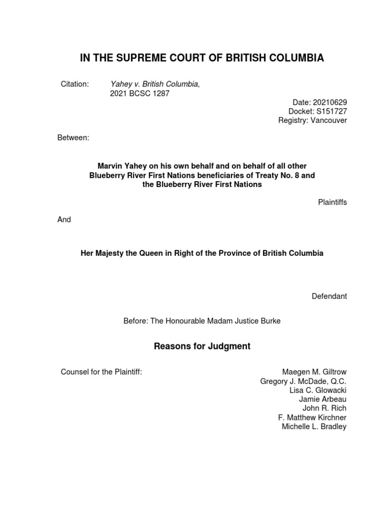 Yahey v. BC: Treaty 8 Rights Judgment | PDF | First Nations | Treaty